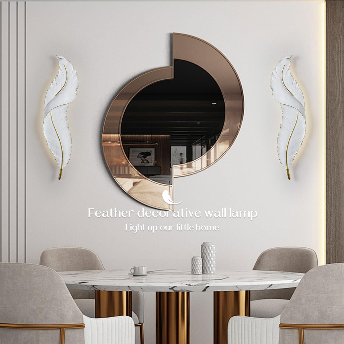Qepeety LED Wall Lighting White Feather Wall Sconce Lamp 3 Color Temperature & 3 Brightness Level Modern Resin Light Fixtures for Hallway Entryway Living Room (Large)