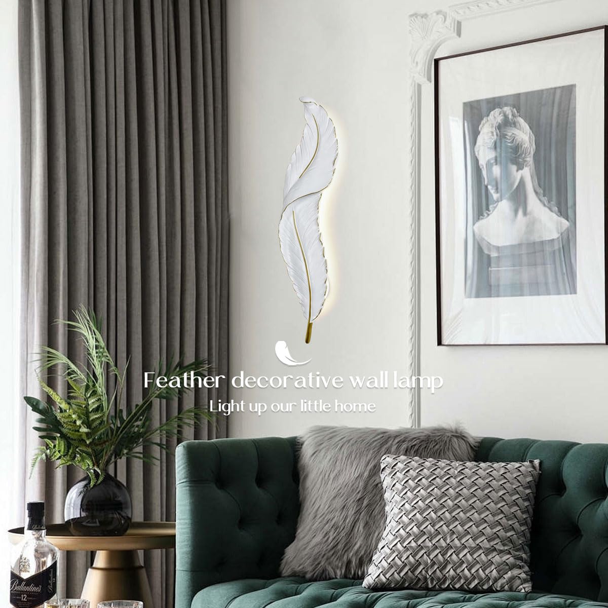 Qepeety LED Wall Lighting White Feather Wall Sconce Lamp 3 Color Temperature & 3 Brightness Level Modern Resin Light Fixtures for Hallway Entryway Living Room (Large)