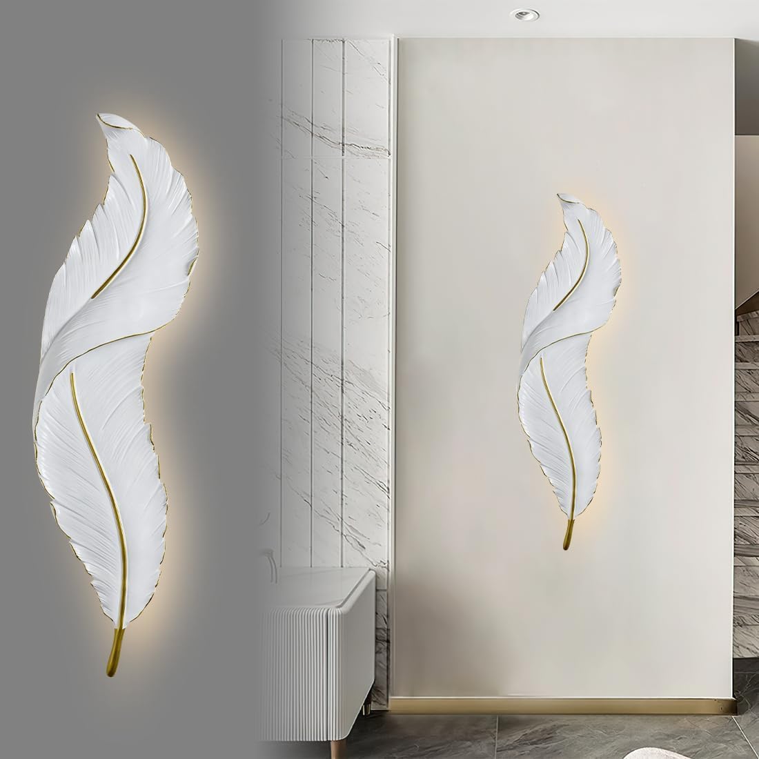 Qepeety LED Wall Lighting White Feather Wall Sconce Lamp 3 Color Temperature & 3 Brightness Level Modern Resin Light Fixtures for Hallway Entryway Living Room (Large)