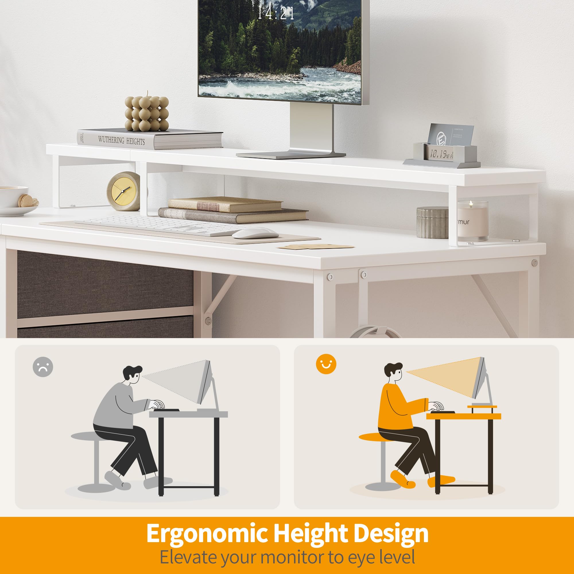 CubiCubi Computer Desk with Drawers, 47 Inch Reversible Office Desk with Monitor Stand and Storage Shelves, Work Writing Study Desk Table for Home, White
