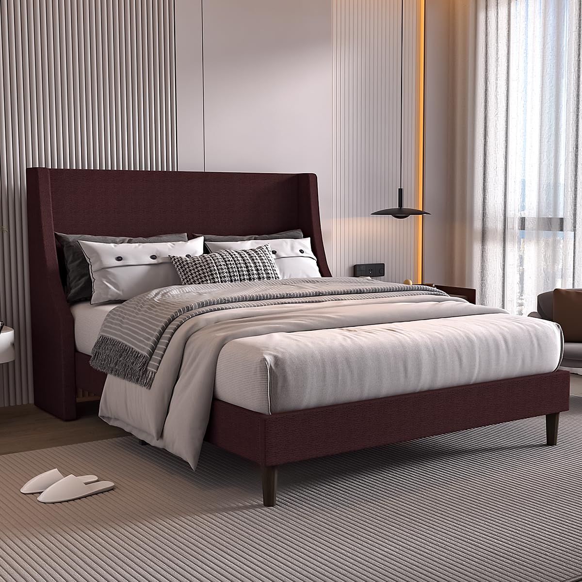 Akeacubo Bed Frame with Button Tufted Headboard,Faux Leather Upholstered Mattress Foundation,Platform Bed Frame,Wooden Slat Support,No Box Spring Needed,Easy Assembly (05, Queen)