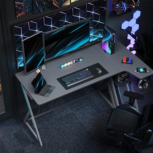 CubiCubi Aurora Gaming Desk with Carbon Fiber Surface, 40 Inch L Shaped Desk with Storage Shelves, Small Corner Computer Desk with Monitor Shelf, Gamer Desk PC Table, Grey