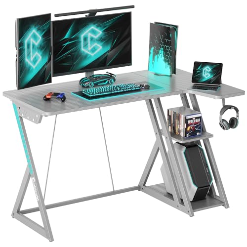CubiCubi Aurora Gaming Desk with Carbon Fiber Surface, 40 Inch L Shaped Desk with Storage Shelves, Small Corner Computer Desk with Monitor Shelf, Gamer Desk PC Table, Grey