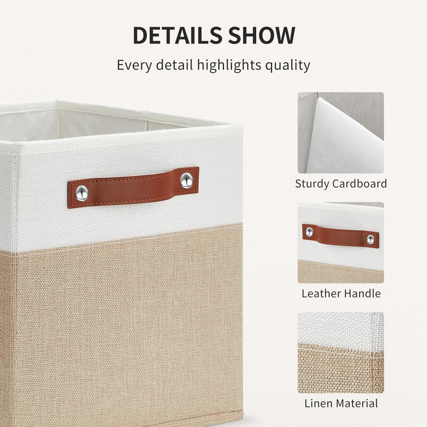 13"x13" Cube Storage Bins, ENLOY 4 Pack Collapsible Storage Cube Bins for Shelves, Large Capacity Storage Boxes for Organizing Closet Shelf with Leather Handle(White&Beige)