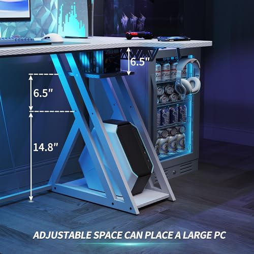 CubiCubi Aurora Gaming Desk with Carbon Fiber Surface, 55 Inch L Shaped Desk with Storage Shelves, Small Corner Computer Desk with Monitor Shelf, Gamer Desk PC Table, White