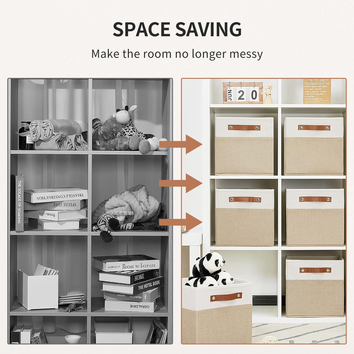 13"x13" Cube Storage Bins, ENLOY 4 Pack Collapsible Storage Cube Bins for Shelves, Large Capacity Storage Boxes for Organizing Closet Shelf with Leather Handle(White&Beige)