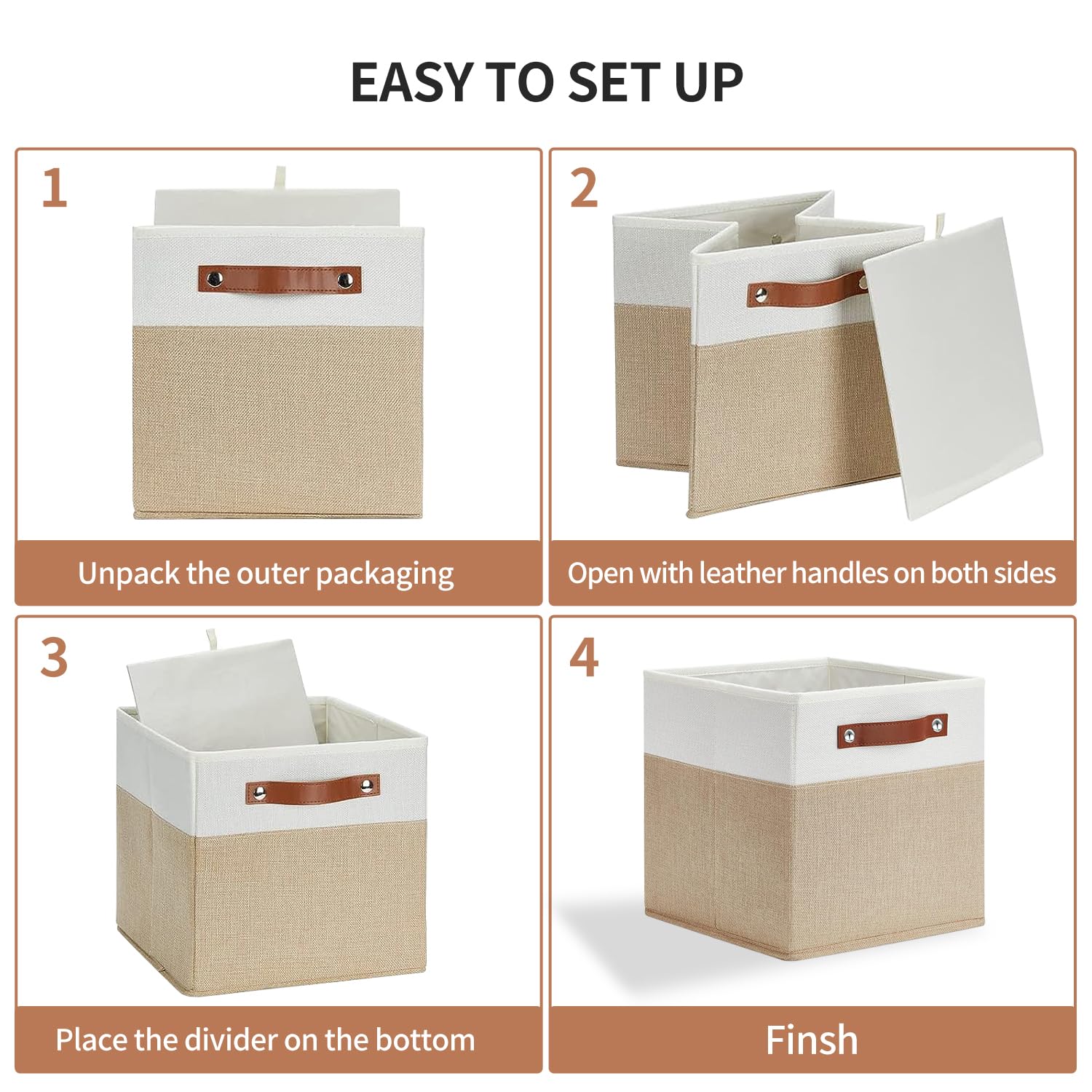 13"x13" Cube Storage Bins, ENLOY 4 Pack Collapsible Storage Cube Bins for Shelves, Large Capacity Storage Boxes for Organizing Closet Shelf with Leather Handle(White&Beige)