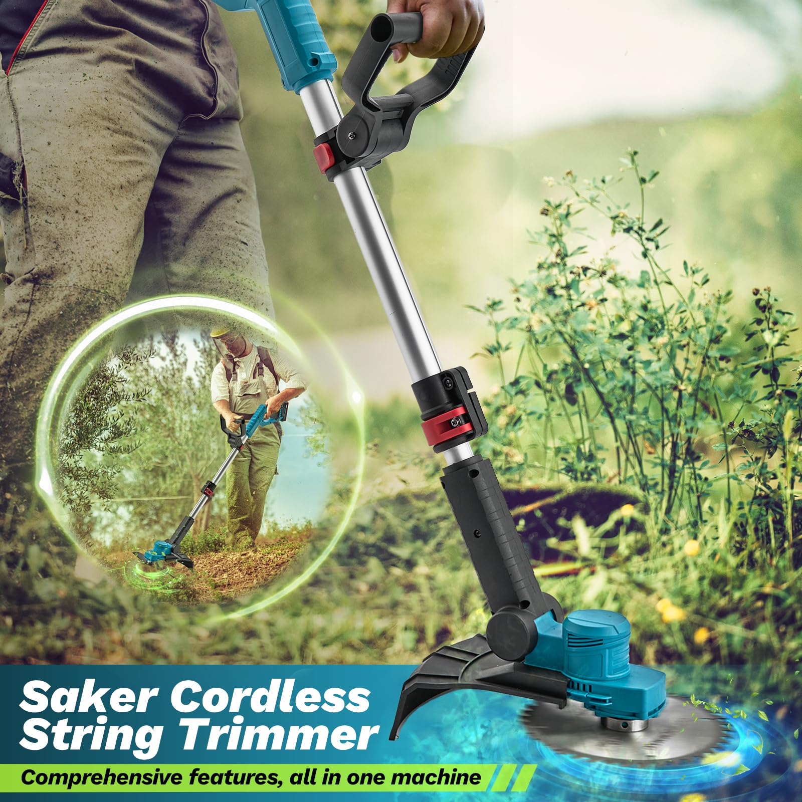Saker String Trimmer Cordless Electric, Weed Wacker Battery Operated with 2X22V Batteries, 13 inch Weed Eater Cordless with Brushless Motor, Weed Wacker Electric for Home Garden and Yard