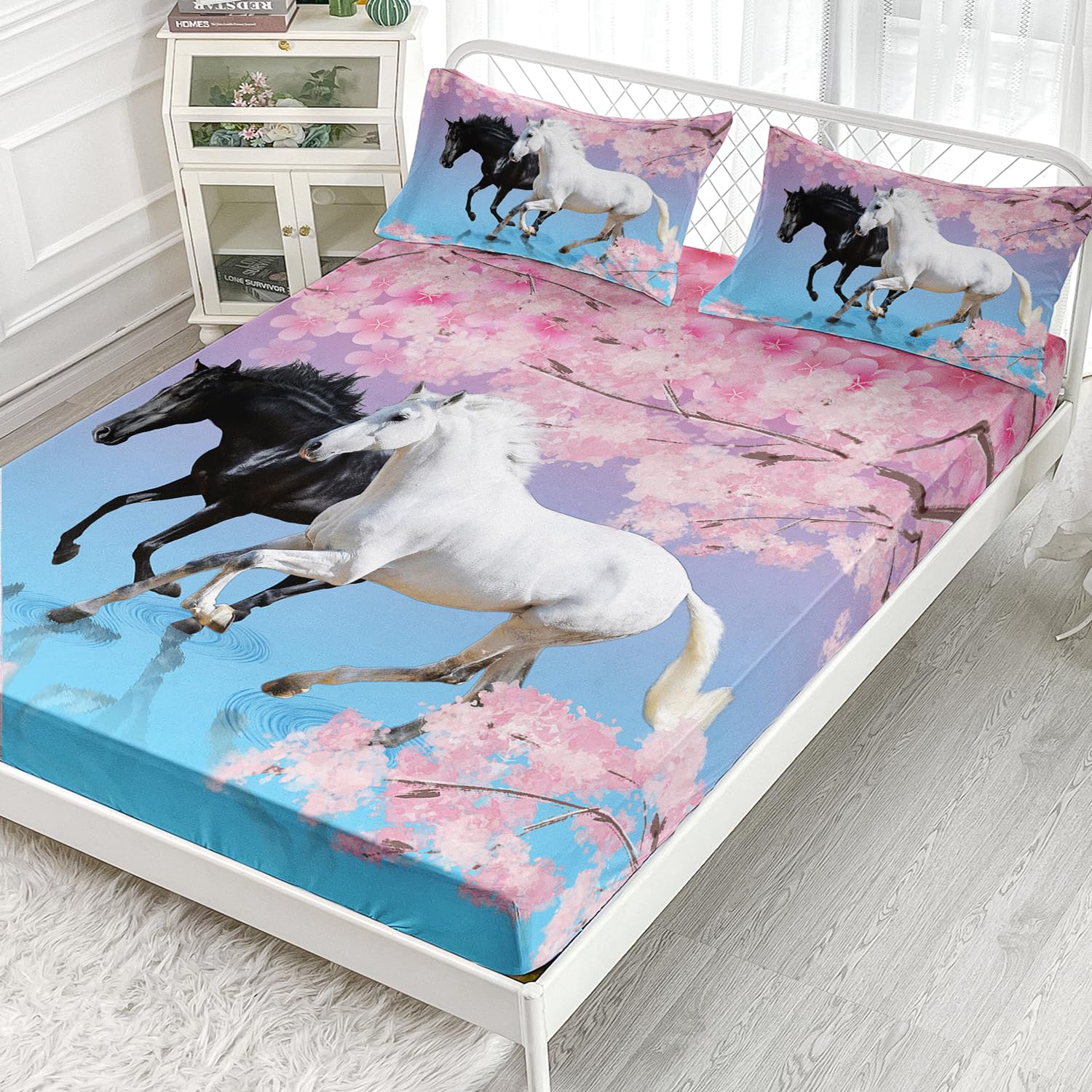 AILONEN Horse Bedding Set Twin XL Size - Galloping Black & White Horses Bed Sheet 3 Pieces Set for Kids Girls - Pink Cherry Sheet Animals Theme Fitted Sheet and 2 Pillowcases