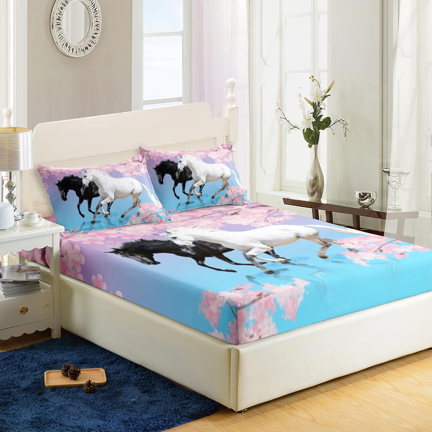 AILONEN Horse Bedding Set Twin XL Size - Galloping Black & White Horses Bed Sheet 3 Pieces Set for Kids Girls - Pink Cherry Sheet Animals Theme Fitted Sheet and 2 Pillowcases