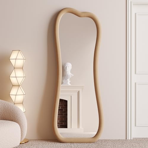 BOJOY Full Length Mirror, 63" x 24" Wall Mirror, Flannel Wrapped Wooden Frame Floor Mirror, Irregular Wavy Mirror Hanging or Leaning Against Wall for Cloakroom/Bedroom/Living Room, Milk Tea