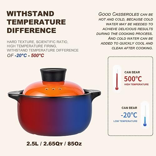Aroplor Casserole Clay Pot Premium Ceramic Bowls With Lid Heat-Resistant Cooking Nonstick Stock Pot Soup Pot Cookware Stovetop Easy To Clean(Orange 2.65Quart,2500ml)2~6 People (Oranger)