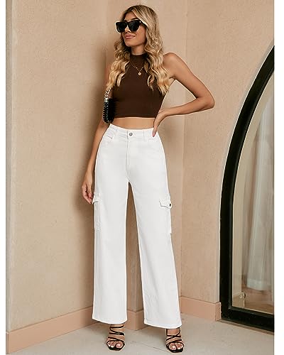 GRAPENT White High Waisted Wide Leg Pants - Stretch Jeans for Women - Off White, Size 12-14