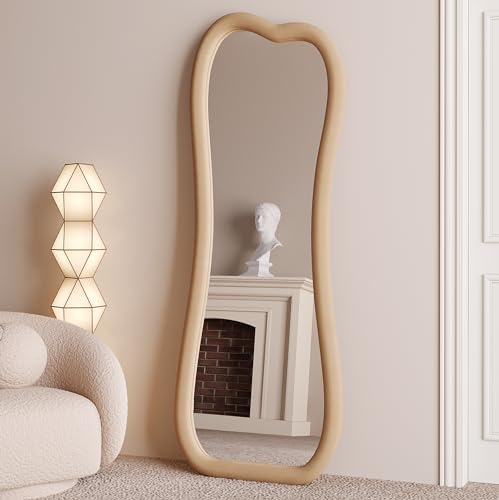BOJOY Full Length Mirror, 63" x 24" Wall Mirror, Flannel Wrapped Wooden Frame Floor Mirror, Irregular Wavy Mirror Hanging or Leaning Against Wall for Cloakroom/Bedroom/Living Room, Milk Tea