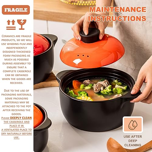 Aroplor Casserole Clay Pot Premium Ceramic Bowls With Lid Heat-Resistant Cooking Nonstick Stock Pot Soup Pot Cookware Stovetop Easy To Clean(Orange 2.65Quart,2500ml)2~6 People (Oranger)