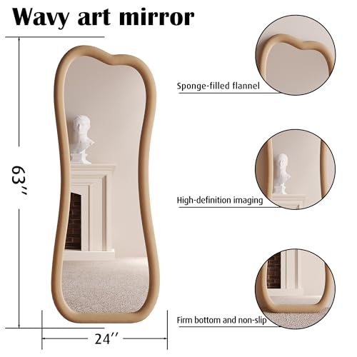 BOJOY Full Length Mirror, 63" x 24" Wall Mirror, Flannel Wrapped Wooden Frame Floor Mirror, Irregular Wavy Mirror Hanging or Leaning Against Wall for Cloakroom/Bedroom/Living Room, Milk Tea