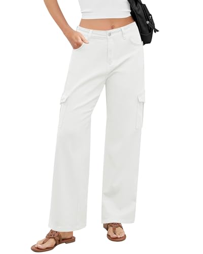 GRAPENT White High Waisted Wide Leg Pants - Stretch Jeans for Women - Off White, Size 12-14