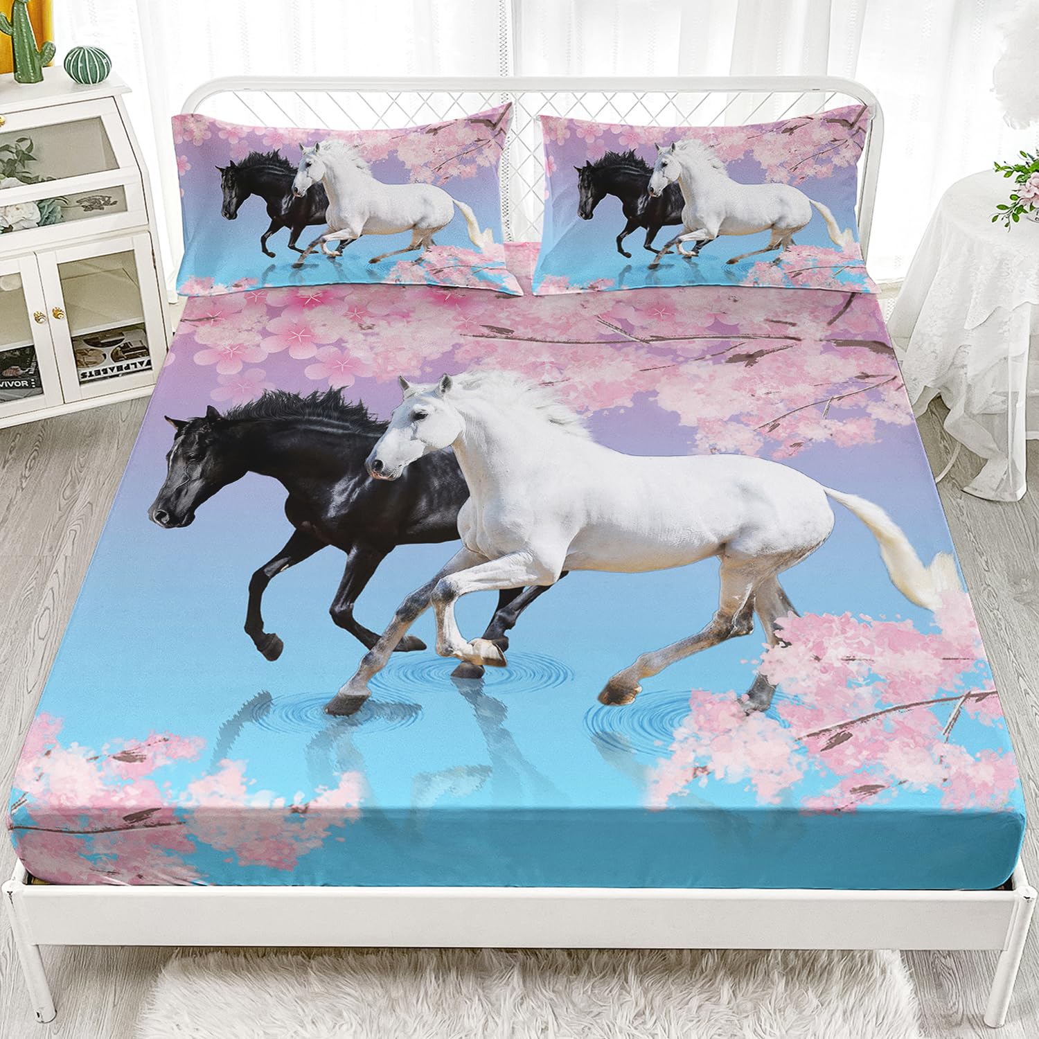 AILONEN Horse Bedding Set Twin XL Size - Galloping Black & White Horses Bed Sheet 3 Pieces Set for Kids Girls - Pink Cherry Sheet Animals Theme Fitted Sheet and 2 Pillowcases