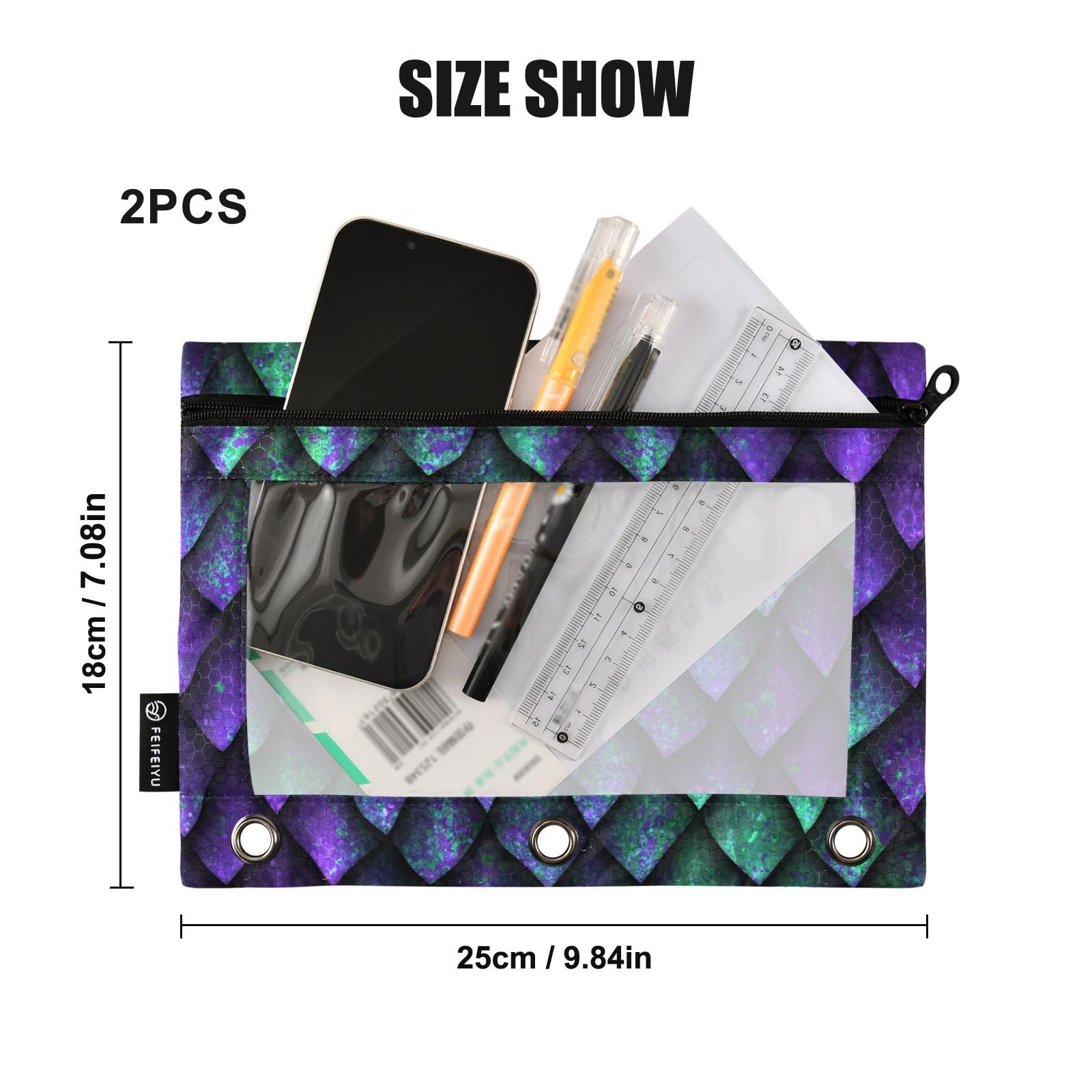 Dragon Scales Pencil Pouch for 3 Ring Binder 2 Pack Binder Pencil Case with Clear Window Pencil Bags with Zipper for College Office Daily Supplies