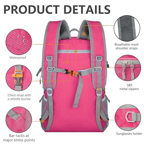 Goloni Ultra Lightweight Packable Backpack 40L - Foldable Hiking Backpack Water Resistant Small Foldable Daypack for Travel,Pink