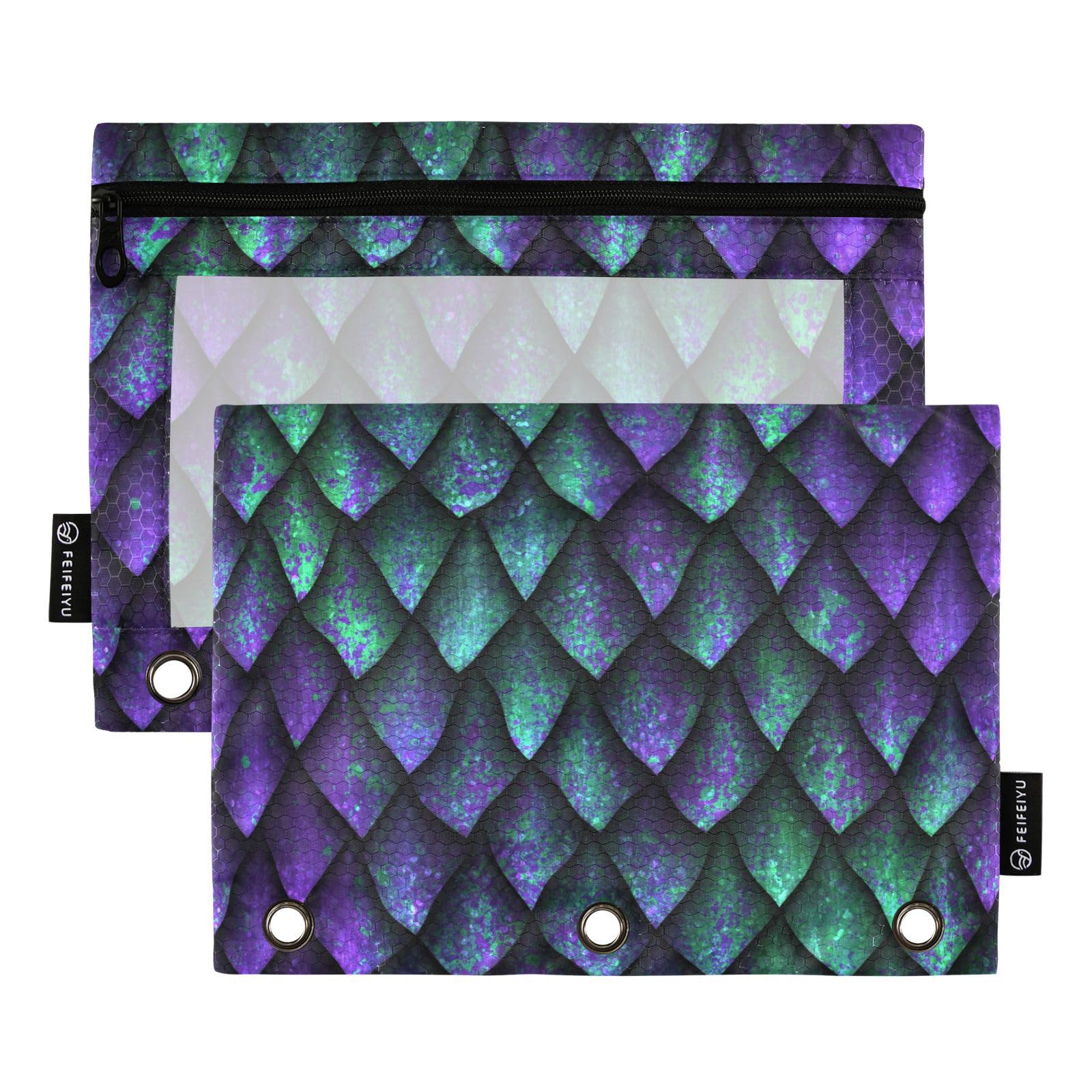 Dragon Scales Pencil Pouch for 3 Ring Binder 2 Pack Binder Pencil Case with Clear Window Pencil Bags with Zipper for College Office Daily Supplies