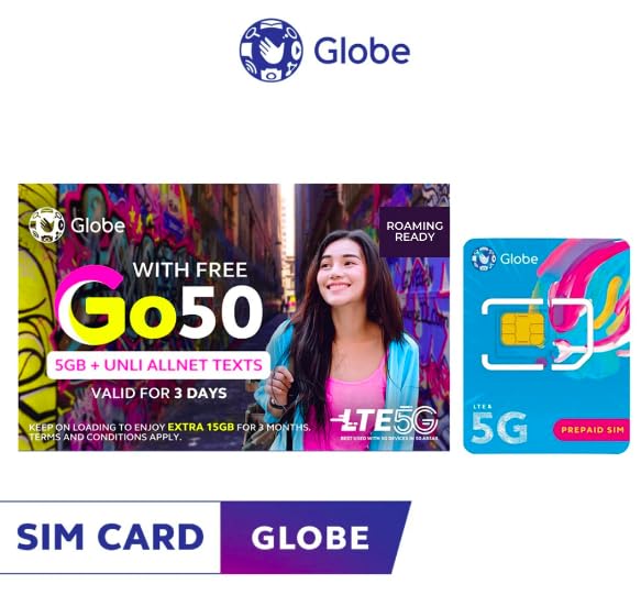 Globe Sim Card Philippines LTE & 5G Philippine Simcard, Globe Local Line Use, High Speed Data Communication, Roaming, Prepaid Sim Card (5GB Data)