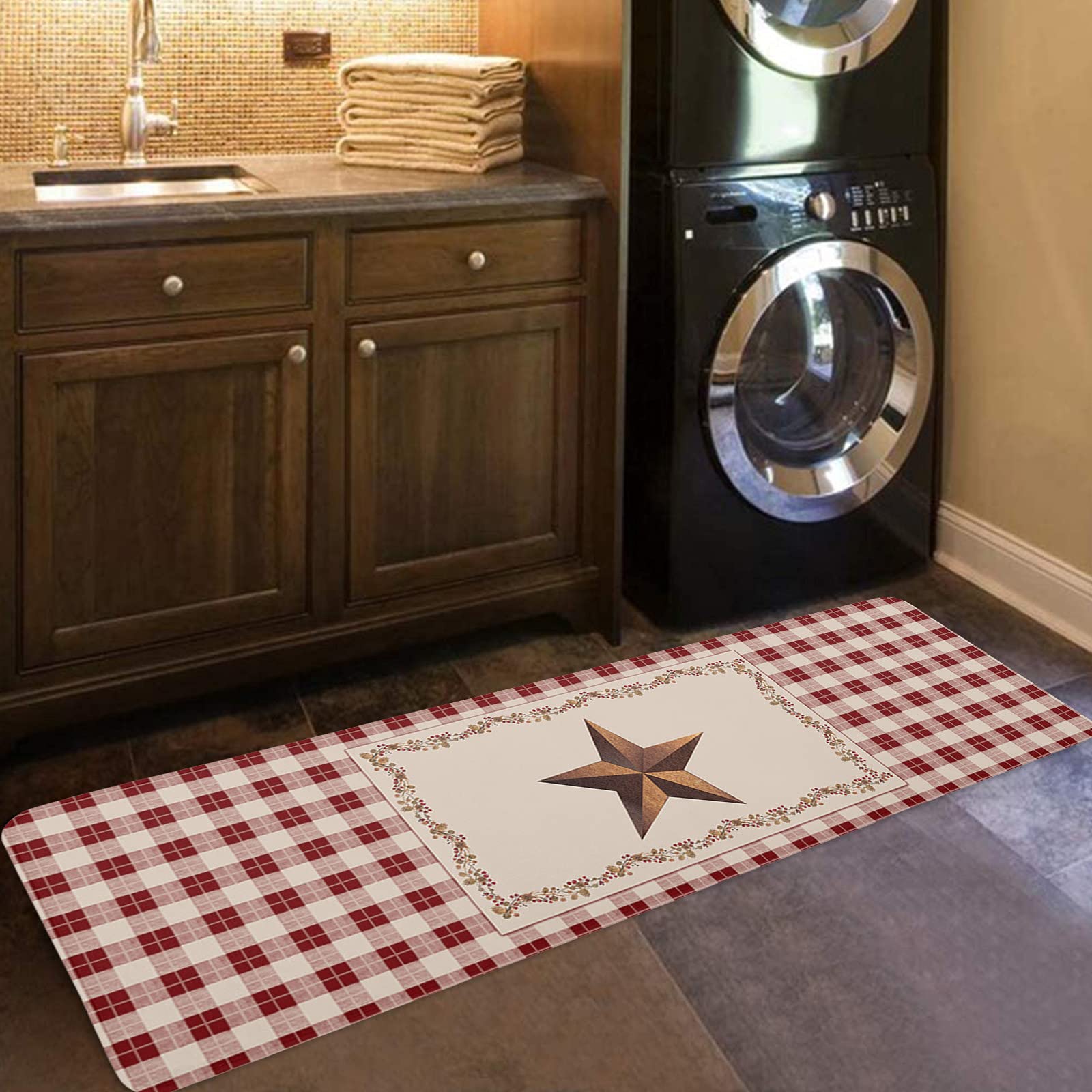 Libaoge Kitchen Mat Rug 1 PCS Rustic Barn Texas Western Star Red Buffalo Plaid Runner Rug Anti-Fatigue Comfort Memory Foam Standing Mat Non-Slip Floor Door Mat for Bathroom Bedroom 24x71in