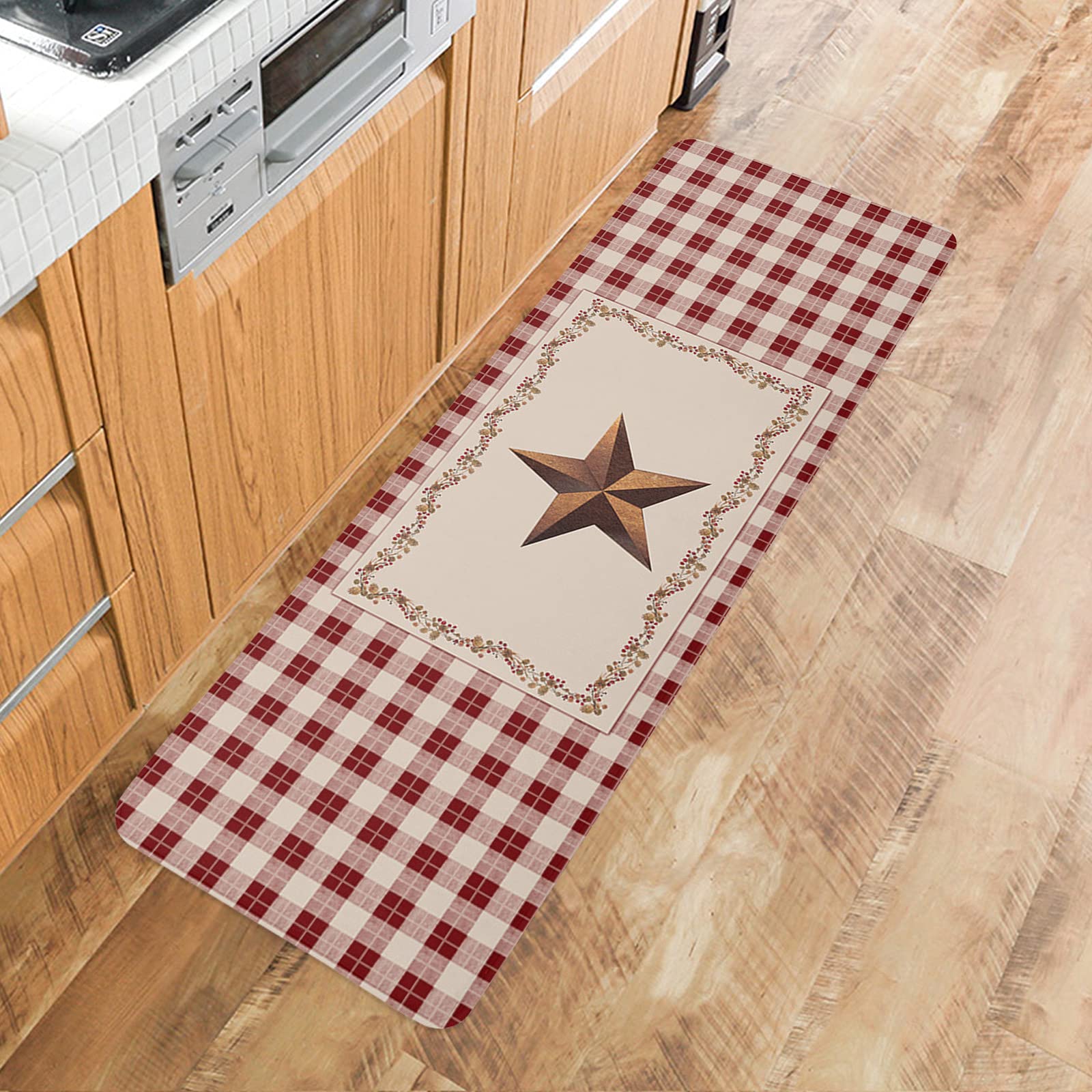 Libaoge Kitchen Mat Rug 1 PCS Rustic Barn Texas Western Star Red Buffalo Plaid Runner Rug Anti-Fatigue Comfort Memory Foam Standing Mat Non-Slip Floor Door Mat for Bathroom Bedroom 24x71in