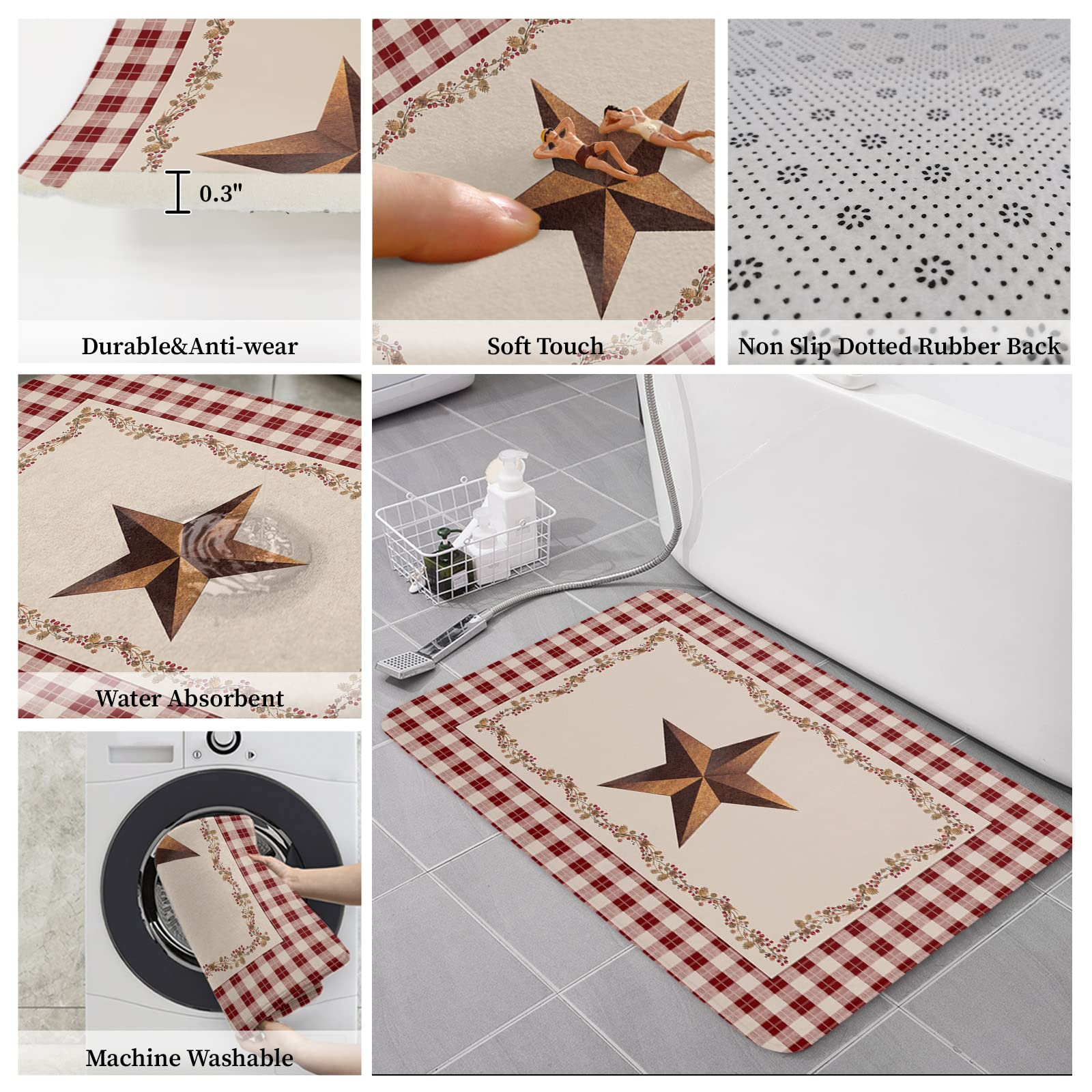 Libaoge Kitchen Mat Rug 1 PCS Rustic Barn Texas Western Star Red Buffalo Plaid Runner Rug Anti-Fatigue Comfort Memory Foam Standing Mat Non-Slip Floor Door Mat for Bathroom Bedroom 24x71in