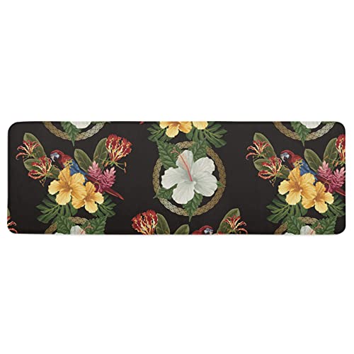 Libaoge Kitchen Mat Rug 1 PCS Tropical Plant Flowers Parrot Red Ginger Flower Hibiscus Runner Rug Anti-Fatigue Comfort Memory Foam Standing Mat Non-Slip Floor Door Mat for Bathroom Bedroom 24x71in
