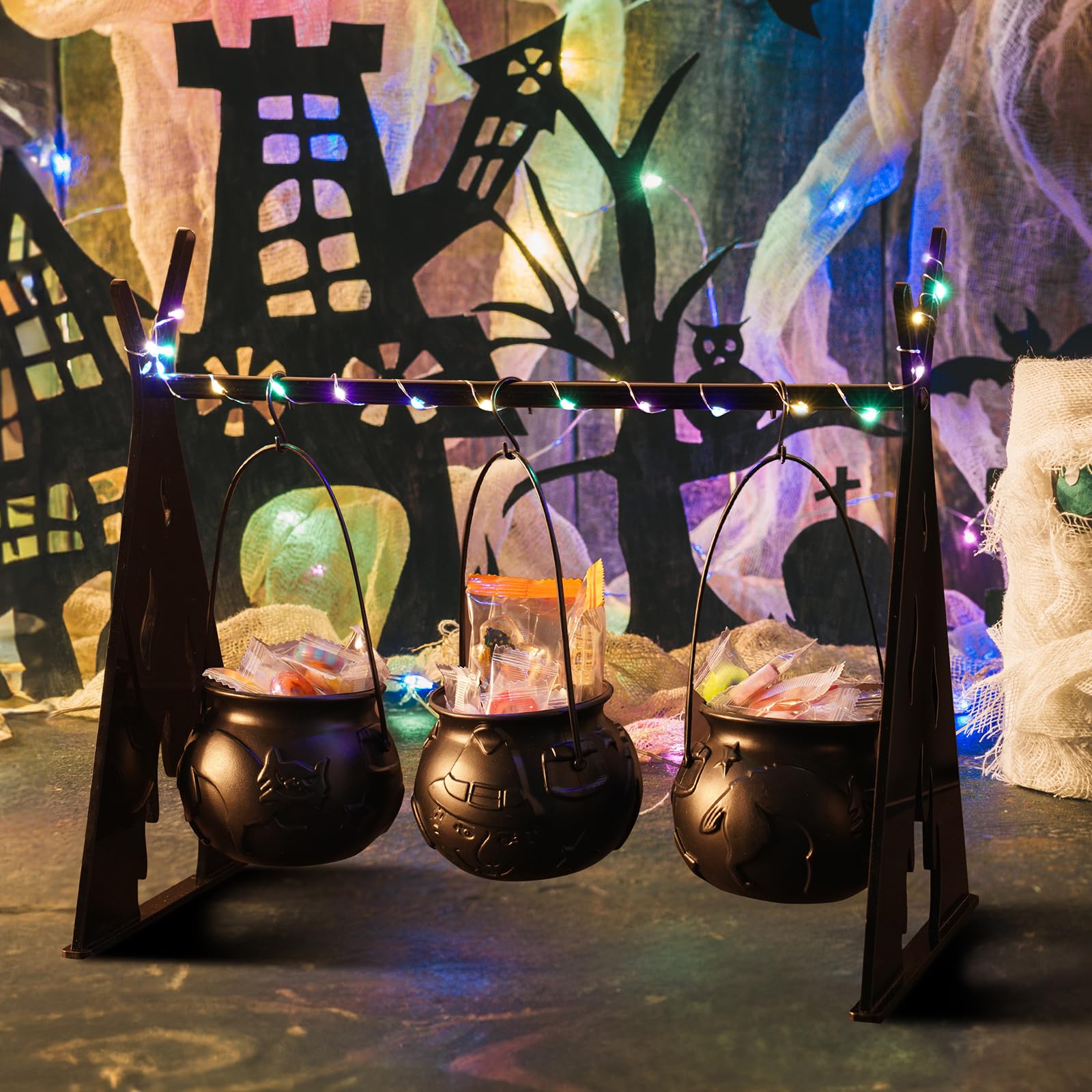NiHome Halloween Witch Cauldron Mini Set with LED Fairy Lights & Flame-Patterned Stand for Candy, Décor & More, Multi-Occasion Centerpiece Glossy Black Bowls for Halloween, Birthdays, Themed Parties