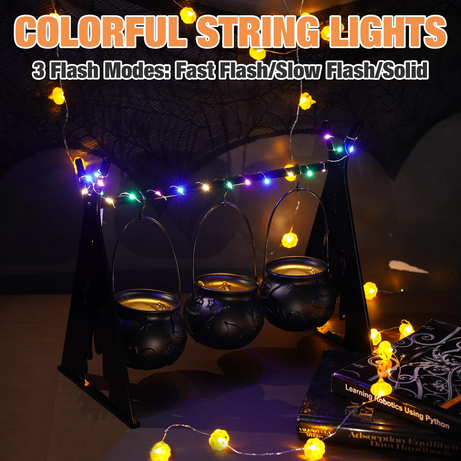 NiHome Halloween Witch Cauldron Mini Set with LED Fairy Lights & Flame-Patterned Stand for Candy, Décor & More, Multi-Occasion Centerpiece Glossy Black Bowls for Halloween, Birthdays, Themed Parties