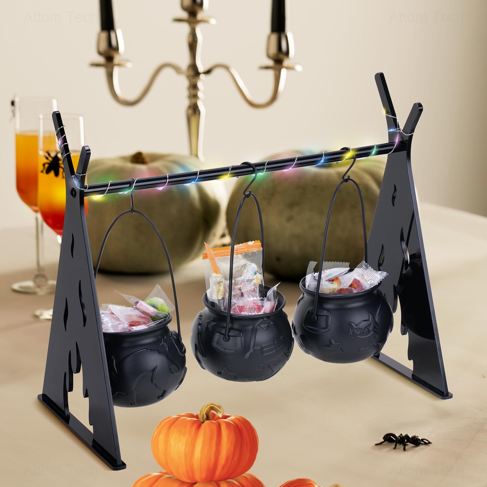NiHome Halloween Witch Cauldron Mini Set with LED Fairy Lights & Flame-Patterned Stand for Candy, DƩcor & More, Multi-Occasion Centerpiece Glossy Black Bowls for Halloween, Birthdays, Themed Parties