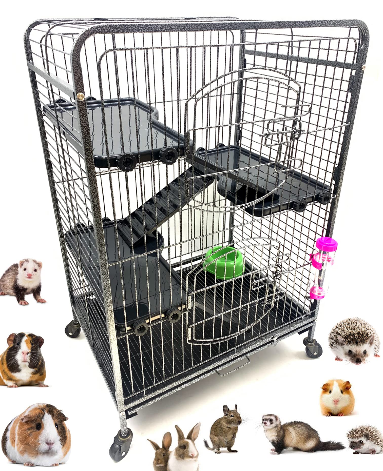 37-inch Metal Ferret Chinchilla Small Animals Hutch Rolling Cage Squirrel/Guinea Pig/Kitten/Rabbit Pet with 2 Front Doors for Indoor Outdoor Solid Plastic Platfroms and Ladders