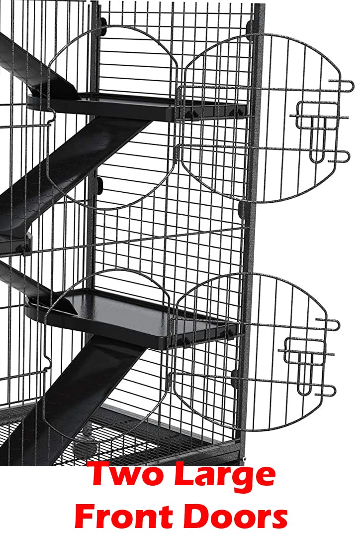 37-inch Metal Ferret Chinchilla Small Animals Hutch Rolling Cage Squirrel/Guinea Pig/Kitten/Rabbit Pet with 2 Front Doors for Indoor Outdoor Solid Plastic Platfroms and Ladders