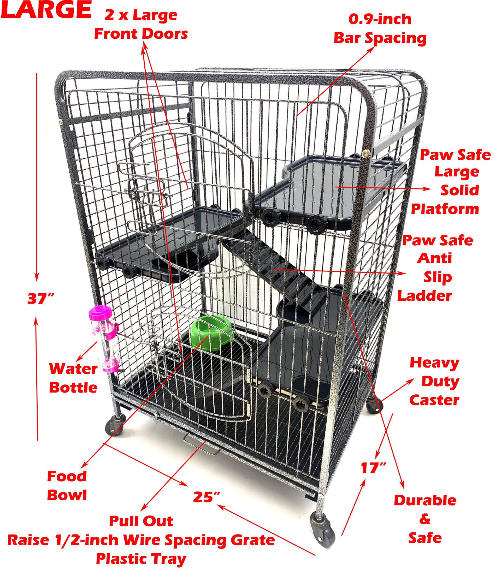37-inch Metal Ferret Chinchilla Small Animals Hutch Rolling Cage Squirrel/Guinea Pig/Kitten/Rabbit Pet with 2 Front Doors for Indoor Outdoor Solid Plastic Platfroms and Ladders