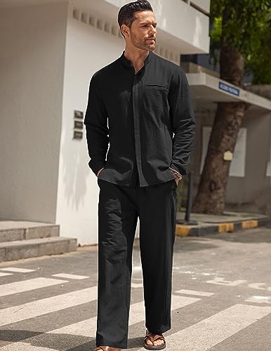 COOFANDY Mens 2 Pieces Cotton Linen Set Long Sleeve Button Up Shirt and Casual Beach Pants Summer Yoga Outfits