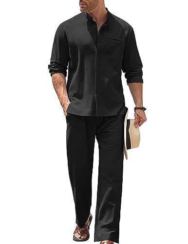 COOFANDY Mens 2 Pieces Cotton Linen Set Long Sleeve Button Up Shirt and Casual Beach Pants Summer Yoga Outfits