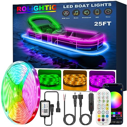 ROLiGHTiC 25FT LED Boat Lights, 12V APP RF Remote Control Pontoon Boat Lights, IP66 Waterproof RGB Marine Strip Lights, Boat Interior Light, Boat Deck Light for Bass Boat, Fishing Boat, Yacht