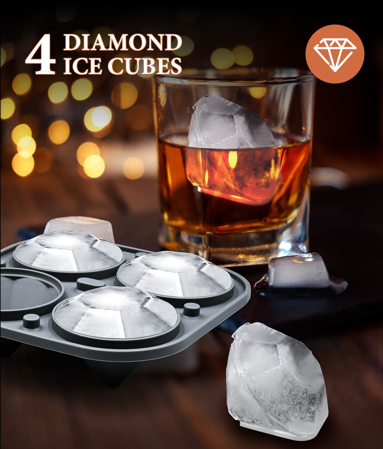 Silicone Large Ice Cube Molds (Set Of 3), 6 Ice Ball Maker Mold, 6 Square Ice Cube Mold,4 Diamond, Reusable Whiskey Ice Mold, Ice Molds for Cocktails, Bpa Free, Freezer Ice Cube Tray (Grey)