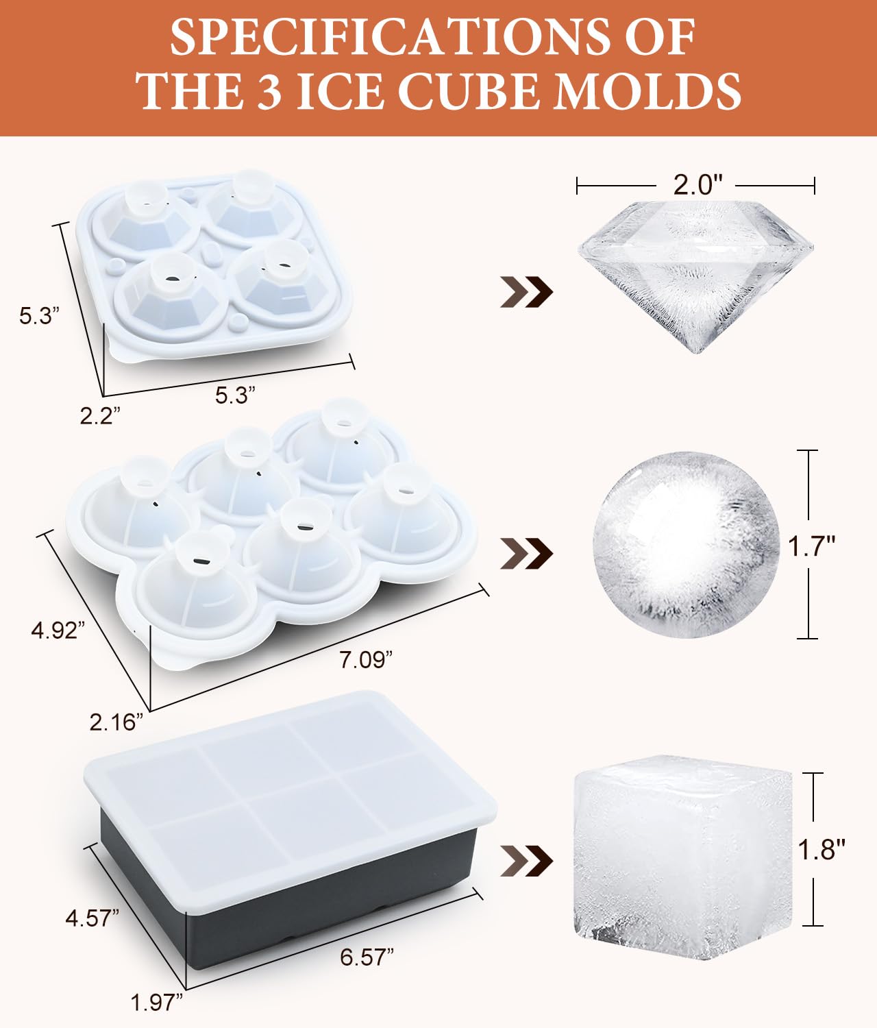 Silicone Large Ice Cube Molds (Set Of 3), 6 Ice Ball Maker Mold, 6 Square Ice Cube Mold,4 Diamond, Reusable Whiskey Ice Mold, Ice Molds for Cocktails, Bpa Free, Freezer Ice Cube Tray (Grey)