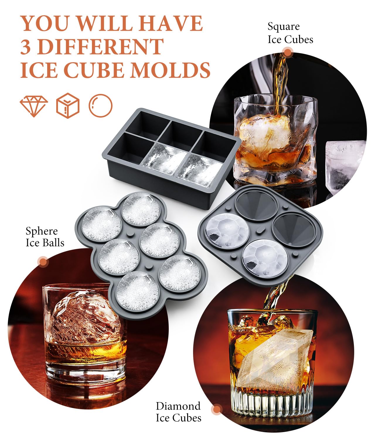 Silicone Large Ice Cube Molds (Set Of 3), 6 Ice Ball Maker Mold, 6 Square Ice Cube Mold,4 Diamond, Reusable Whiskey Ice Mold, Ice Molds for Cocktails, Bpa Free, Freezer Ice Cube Tray (Grey)