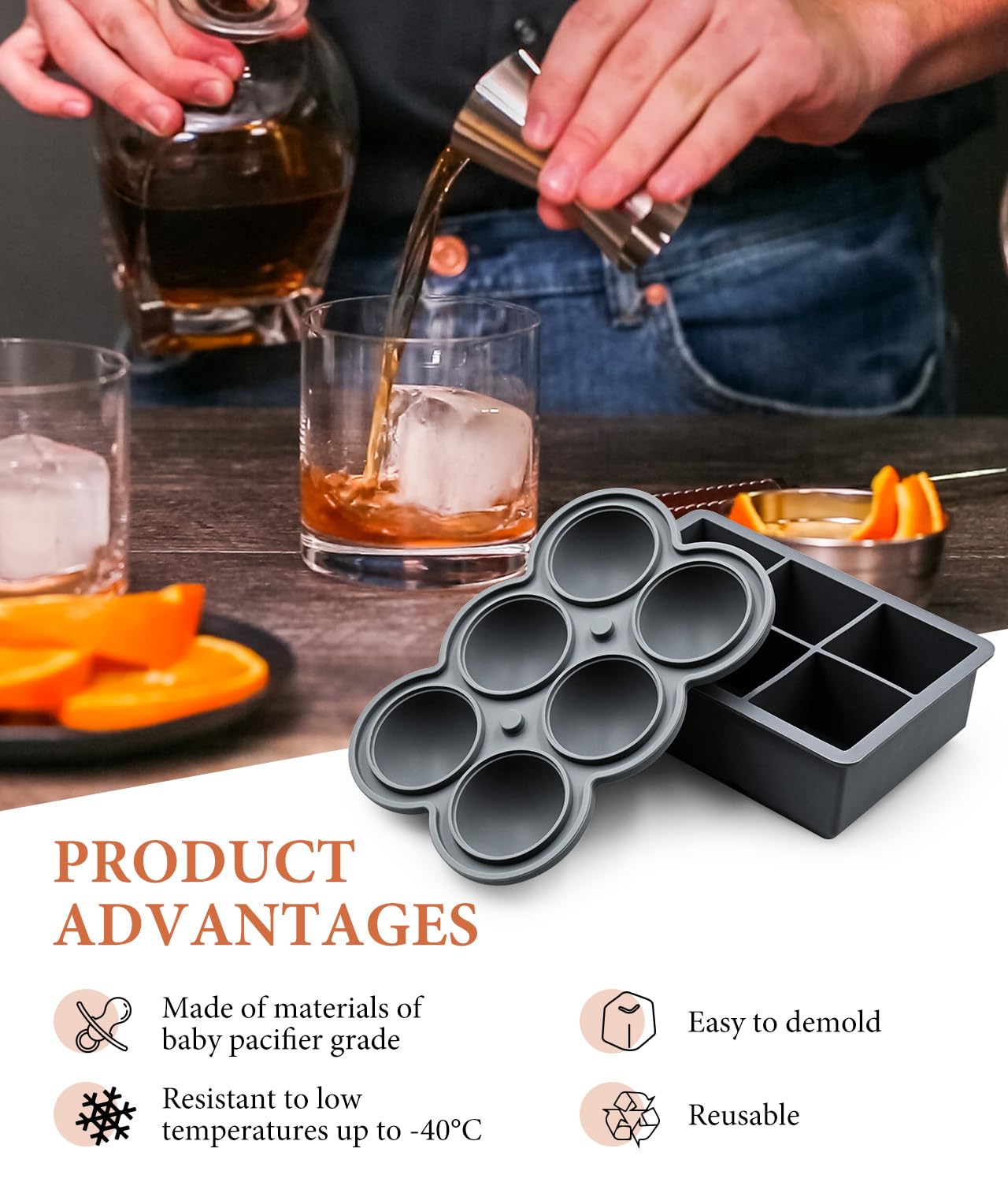 Silicone Large Ice Cube Molds (Set Of 3), 6 Ice Ball Maker Mold, 6 Square Ice Cube Mold,4 Diamond, Reusable Whiskey Ice Mold, Ice Molds for Cocktails, Bpa Free, Freezer Ice Cube Tray (Grey)