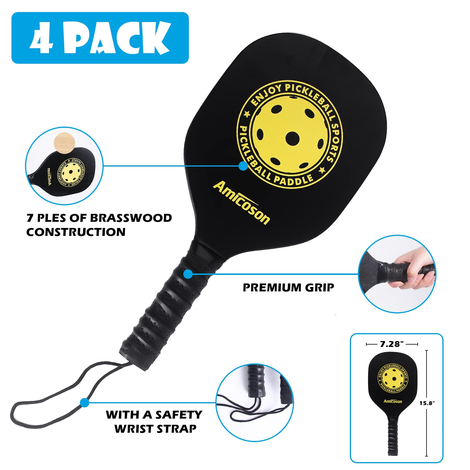 Amicoson Pickleball Set with 22FT Net, 4 Wooden Paddles, 8 Balls, 1 Carrying Bag, 1 Backpack, 2 Rolls of Court Tape & 1 Measuring Tape