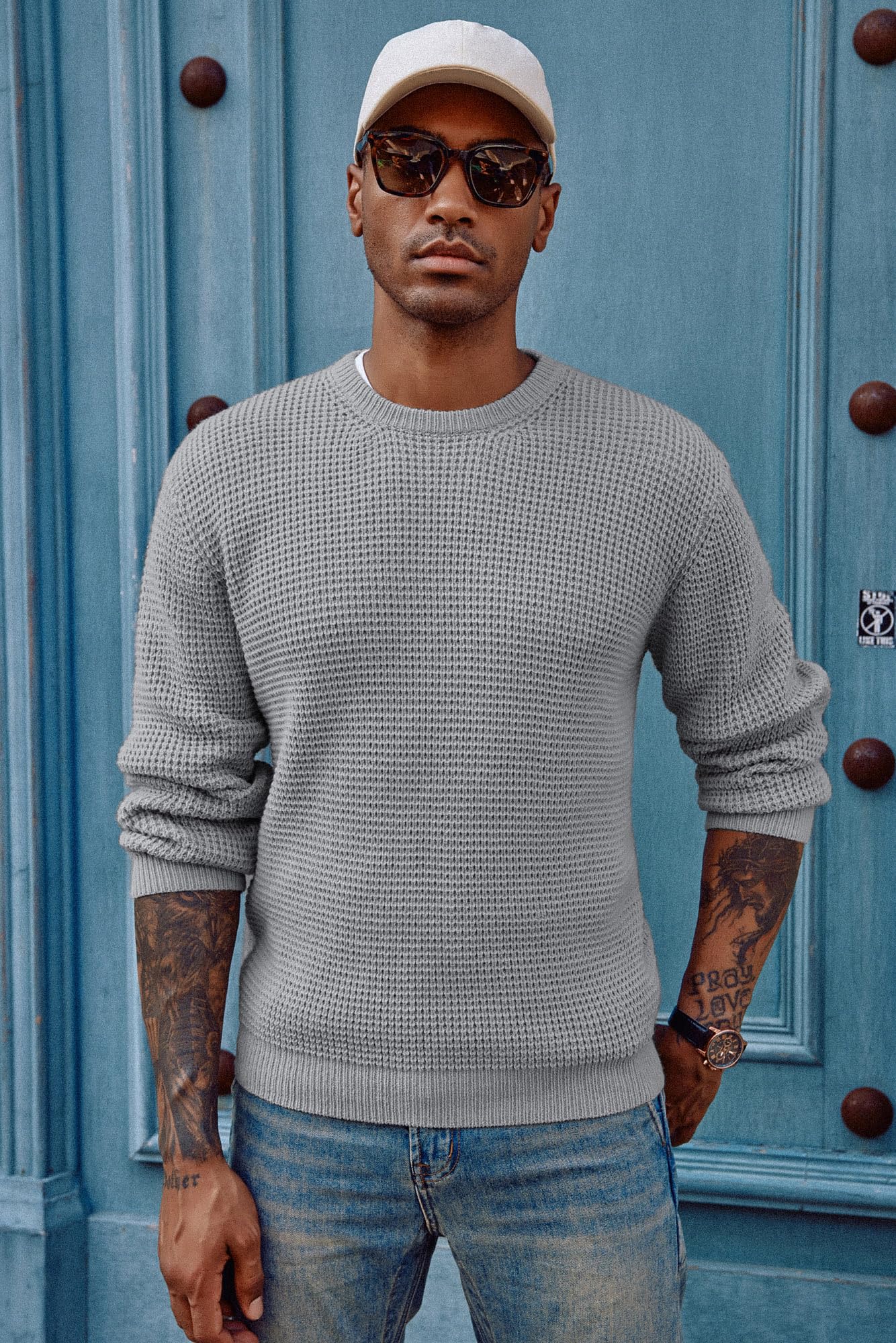 PJ PAUL JONES Crew Neck Sweater for Men Cable Knit Waffle Pullover Thermal Sweaters Grey XXL