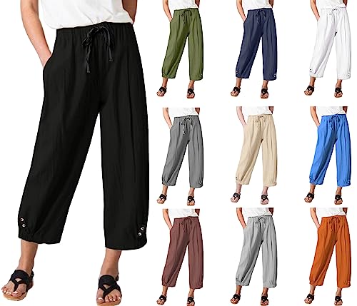 Amlztr Womens High Waist Casual Wide Leg Loose Linen Trouser Capri Wide Leg Cropped Pants with Drawstring