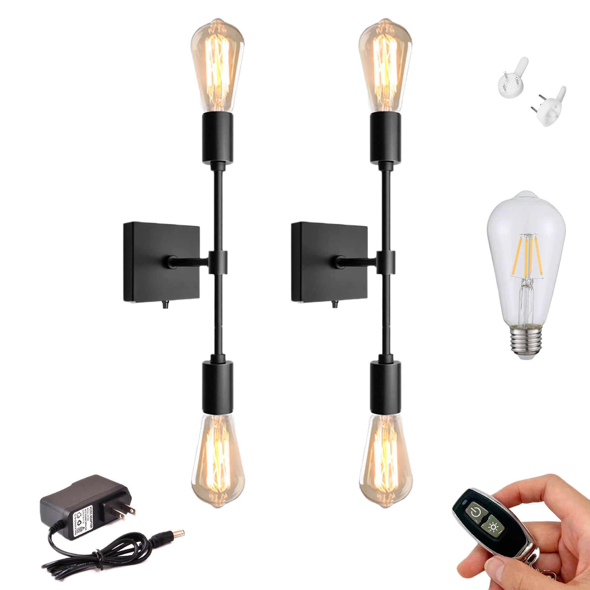 SKIVTGLAMP Industrial Wall Sconce Rechargeable Battery Operated LED Picture Lights with Remote, Cordless E26 LED Two-Heads Black Wall lamp Dimmable for Hallway No Drilling Aisle 2 Lights
