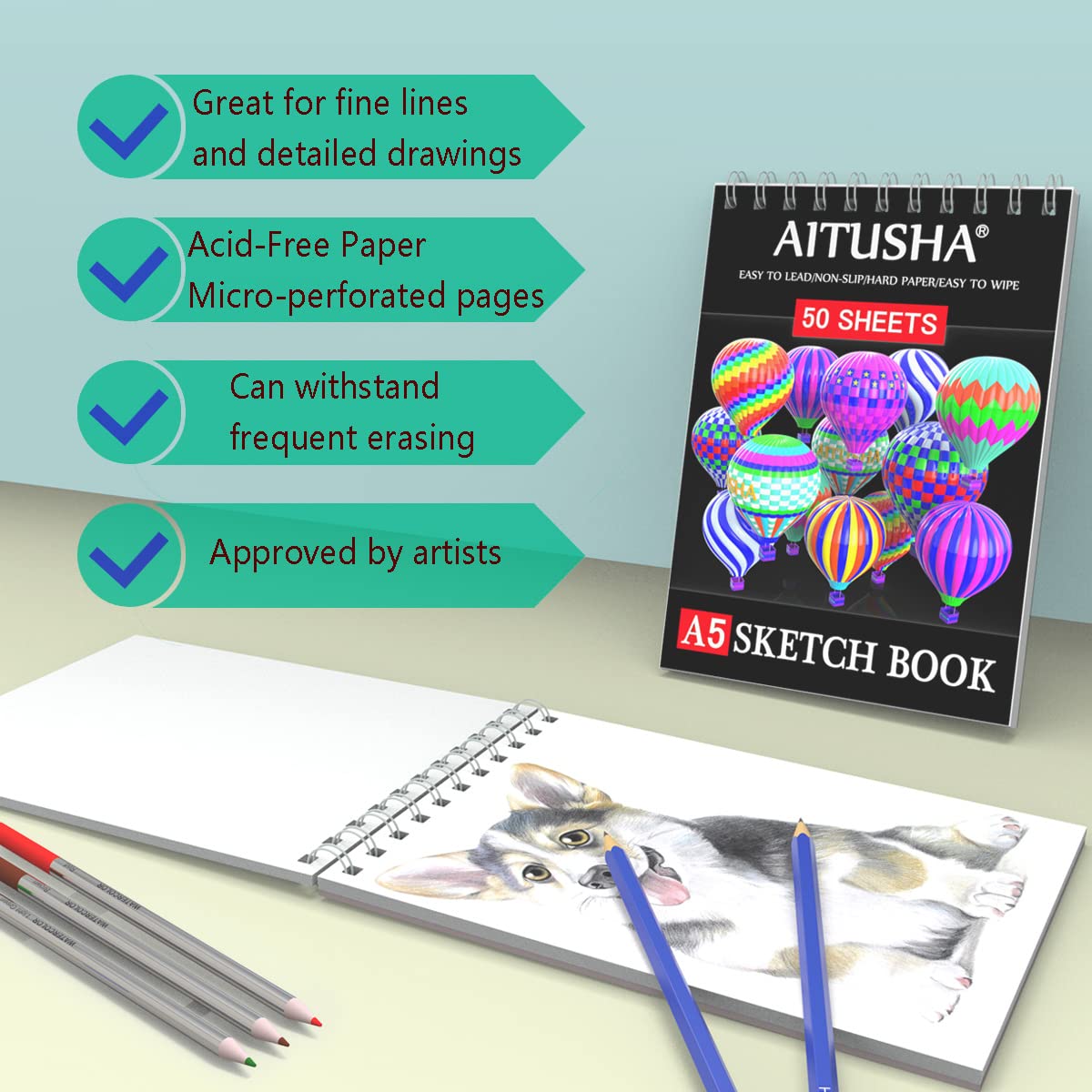 AITUSHA 42-Piece Drawing and Sketching Kit: Comprehensive Art Set for Artists, Watercolor Pencils, Sketch Kit, 50-Page Sketchbook, Black Zipper Case