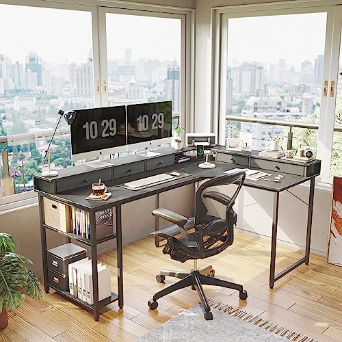 Treesland Large Desk, 24" Deep, Computer Desk with Monitor Stands, 67" L x 47" W Home Office Desks, Desk with Storage Shelves and 5 Drawers, Black