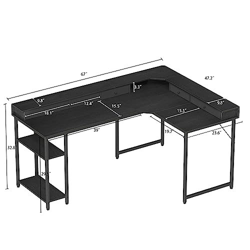 Treesland Large Desk, 24" Deep, Computer Desk with Monitor Stands, 67" L x 47" W Home Office Desks, Desk with Storage Shelves and 5 Drawers, Black